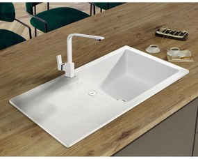 Sink Quality Natalie, kuchyňský granitový dřez 770x450x170 mm + zlatý sifon, bílá, SKQ-NAT.W.1KDO.XG