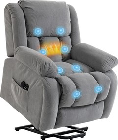 HOMCOM elektrické křeslo pro vstávání, sklápěcí 150°, široké sedadlo, masážní, vyhřívané, samet, světle šedé