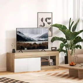 HOMCOM moderní TV nábytek max. 152,4 cm s 2-dveřovou skříňkou a otevřenou polici, 140x40x48 cm, bílá a dřevěný odstín