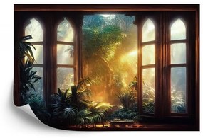 Fototapeta A Large Arch-Shaped Window, A Portal In The Dark Mystical Forest, The Sun&amp;#039;s Rays Pass Through The Window And Trees, Shadows. Fantasy Beautiful Forest Fantasy Landscape. 3D . Omyvatelný vlies 208x146