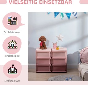 HOMCOM Plastový úložný box, úložný prostor na hračky, 6 zásuvek, organizér na hračky, komoda do dětského pokoje, růžová | Aosom