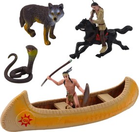 LEAN Toys Sada figurek indiánská vesnice indiáni kánoe totem