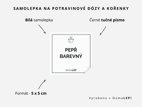 PEPŘ BAREVNÝ - omyvatelná samolepka na kořenky, výběr rozměrů Ø 5 cm / 5 x 5 cm / 6 x 8 cm | DomaLEP tvar: ČTVEREC, barva: BÍLÁ - ČERNÉ písmo, velikost: š. 5 cm x v. 5 cm - tučné písmo