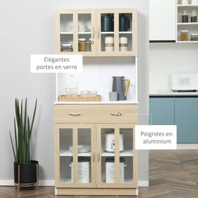 HOMCOM Vysoký kuchyňský bufetový skříň s vícerozměrným úložným prostorem, 4 skleněné dveře, bílé dřevo s posuvnou zásuvkou a širokou plochou v vzhled…