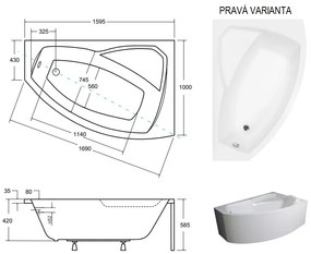 Besco Rima 160x100 akrylátová vana Délka vany: 160cm, Orientace: Pravá