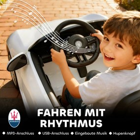 AIYAPLAY Dětské elektroauto Maserati, dvoumístné, 12V napájení z baterie, dálkové ovládání, LED světla, hudební funkce, bílé