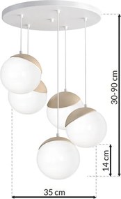 Závěsné svítidlo Sfera, 5x bílé skleněné stínítko, w/dřevo, o