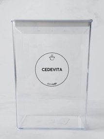 Samolepka na láhev CEDEVITA –  průměr 5 cm – průhledná vinylová, voděodolná, omyvatelná samolepka na dózy, tučné písmo