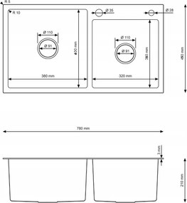 Erga HD, 2-komorový ocelový dřez 780x450x210 mm, grafitová, ERG-MLS-HD7845B