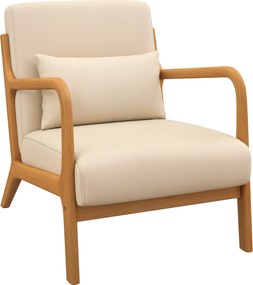 HOMCOM Lounge Křeslo Nordic Styl s Područky a Polštem, Rám z Gumového Dřeva pro Obývací Pokoj, Nosnost 120 kg, 61x78x76 cm, Béžové | Aosom