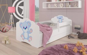 ADRK Postel CASIMO BLUE BEAR, CH-Cas-Barri-Blu-Bea-140-E125, 140x70 cm se zásuvkou, zábradlím a matrací, bílá/grafika