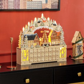 HOMCOM Adventní kalendář, vánoční vesnička, 18 LED světýlek, 24 zásuvek, opakovaně použitelný, 45 x 9 x 42,5 cm