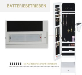HOMCOM LED šperkovnice 2 v 1, šperkový regál se zrcadlovou skříňkou a zásuvkou, MDF, bílá, 37 x 30 x 158 cm