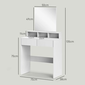 HOMCOM Toaletní stolek s zrcadlem a šuplíky, 2 zásuvky, 3 přihrádky, 75x38x135 cm, bílý