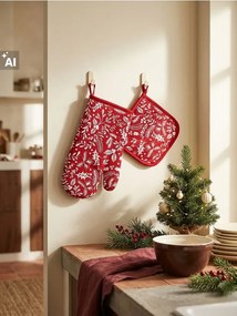 Sinsay - Vánoční sada: kuchyňská chňapka a podložka pod hrnec s rostlinným vzorem 2 pack - červená