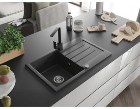Mexen Bruno, dřez granitový 795x495x200 mm, 1-komorový, černá skvrnitá s chromovým sifonem a černá dřezová baterie Rita, 6513-76-670300-70