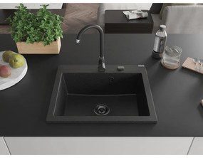 Mexen Elix, 1-komorový granitový dřez 600 x 500 mm, černá/stříbrná metalíza, černý sifon - 6525601005-73-B