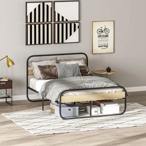HOMCOM Dvoulůžko 140 x 190 cm, kovový rám v industriálním stylu, čelo a nožní část včetně roštu, dřevěný vzhled