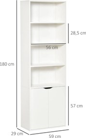 HOMCOM Knihařský regál se 4 otevřenými přihrádkami a 2 dvířky do obývacího pokoje a kanceláře, nosnost 80 kg, rozměry 59x29x180 cm, bílý