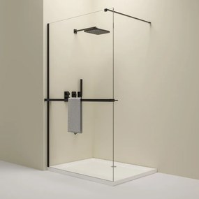 Erga Paris, sprchová zástěna Walk-In 60x200 cm s poličkou a ramínkem na ručníky, 8mm čiré sklo, černý profil, ERG-V02-PARIS-060x200-CL-BK-BAR
