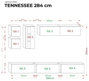 Ral Obývací stěna TENNESSEE 6, 284 cm - Bílo/černý lesk