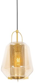 Art deco závěsná lampa zlatá s jantarovým sklem 23 cm - Kevin