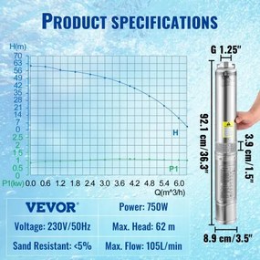 Ponorné čerpadlo do hlubokých studní, 750 W 230 V/50 Hz, 105 l/min 62 m