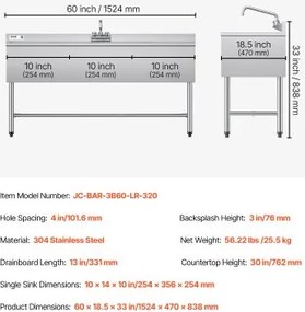 Dřez se 3 přihrádkami, Nerezová ocel 304 o průměru 18 VEVOR – 1524 × 470 × 838 mm