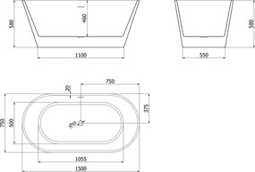 Mexen Flavia, volně stojící vana 150 x 75 cm, bílá-černá, zlatý lesklý přepad, 54031507575-50