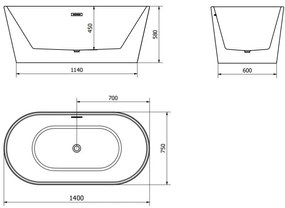 Mexen Luna, volně stojící vana 140 x 75 cm, bílá, měděný matný přepad, 52031407500-65