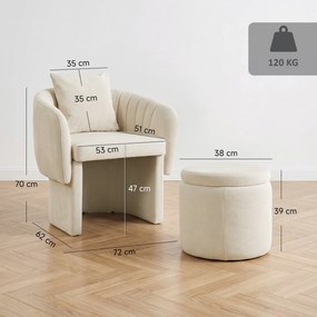 HOMCOM Relaxační křeslo s podnožkou lounge křeslo se zakřiveným opěradlem, područkami, severský čenille čalouněné béžové