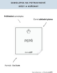 Samolepka na kořenky PEPŘ  průhledná  5 × 5 cm základní písmo