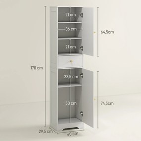 HOMCOM vysoká koupelnová skříň s 2 obloukovými dveřmi, zásuvkou a nastavitelnými policemi, moderní, 40x29,5x170 cm, bíle mořená