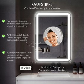 HOMCOM koupelnové zrcadlo, osvětlené, dotykové ovládání, proti zamlžení, stmívatelné, 3 barvy světla, 70x90, stříbrná