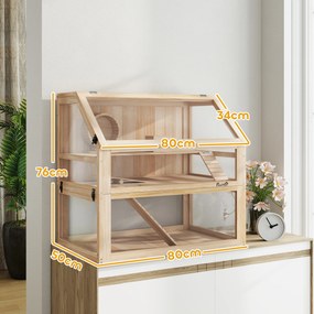 Dřevěná klec pro křečky PawHut - 3 úrovně, výběh pro malé zvíře s skládacími víkem, cvičným kolem a příslušenstvím, dřevěná klec pro křečky a trpasli…