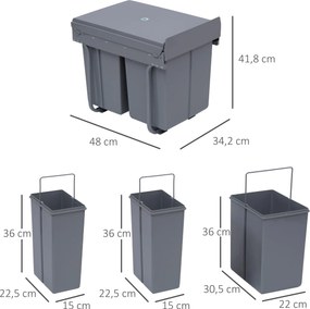 Mülleimer-Konstruktion mit 3 Abfalleimern zur Mülltrennung, Schienensystem, einbaubar, 3er-Set Müllbehälter, Grau