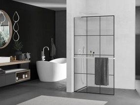 Mexen Kioto+ L, sprchová zástěna Walk-In s poličkou a věšákem 100 x 200 cm, 8mm čiré sklo černý vzor, ​​bílý profil, 800-100-123-20-77