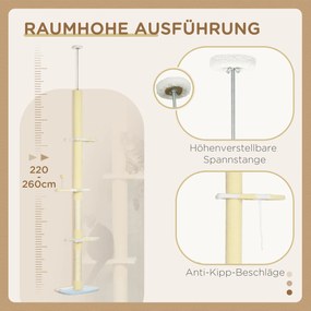 PawHut škrabadlo, kočičí škrabadlo stropní vysoké, 220-260 cm, šplhací strom s míčem na hraní, výškově nastavitelný kočičí strom, strom na hraní s oc…