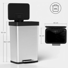 odpadkový koš 60 l s nožním pedálem, nerezový odpadkový koš s víkem s měkkým zavíráním, stříbrná barva