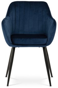 Jídelní židle, potah modrá sametová látka, kovové nohy, černý matný lak