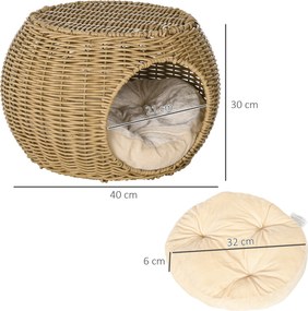 PawHut Kočka Dům Postel Kočičí Košík Dům v Obřím Střihu z Rattanu s Měkkým Polštářem Ø 40 x 30 cm světle hnědý