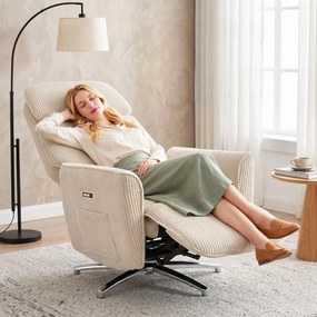 HOMCOM elektrické otočné relax křeslo s dvojitým motorem — USB-A USB-C, nastavitelná opěrka hlavy, manšestr, krémové