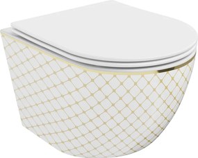 Mexen Lena WC mísa Rimless s pomalu sklápěcí deskou slim, duroplast, bílá/zlatá vzor mřížka - 30224009