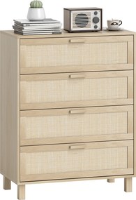 HOMCOM komoda se 4 zásuvkami, ratanový vzor, rozměry 80D x 40Š x 103V cm, MDF světlé dřevo