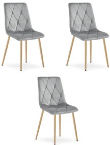 Set tří jídelních židlí LIBRA sametové, světle šedé / hnědé nohy (3 ks)
