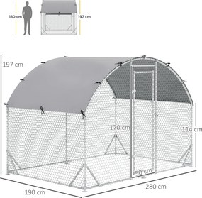 PawHut kurník pro volný chov kuřat z oceli, 280 x 190 x 197 cm, klec pro kuřata s krytem odolným proti UV záření, dvířka, výběh pro 4-6 kuřat, malá z…