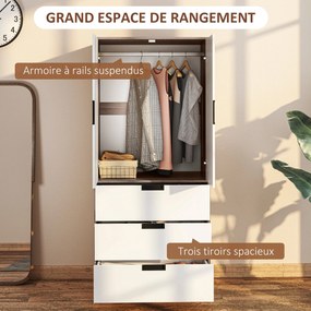 HOMCOM Moderní Šatní Skříň pro Dospělé s 3 Zásuvkami a Zavěsným Tyčí, Rozměry 80Š x 50H x 180V cm, Hnědá