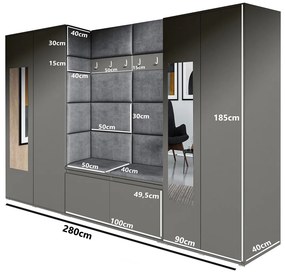 Předsíňová stěna Trinity 10 s čalouněnými panely, 280 cm, grafit/ béžová