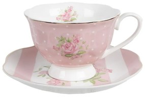 Růžový puntíkatý porcelánový šálek s podšálkem se vzorem růžiček Sweet Roses – 200 ml