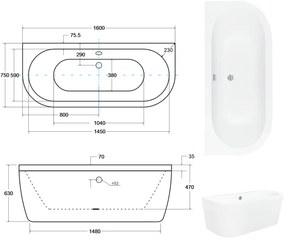 NIKIDO - B Přístěnná vana VISTA 140, 150, 160, 170 Rozměry: 140 x 75cm